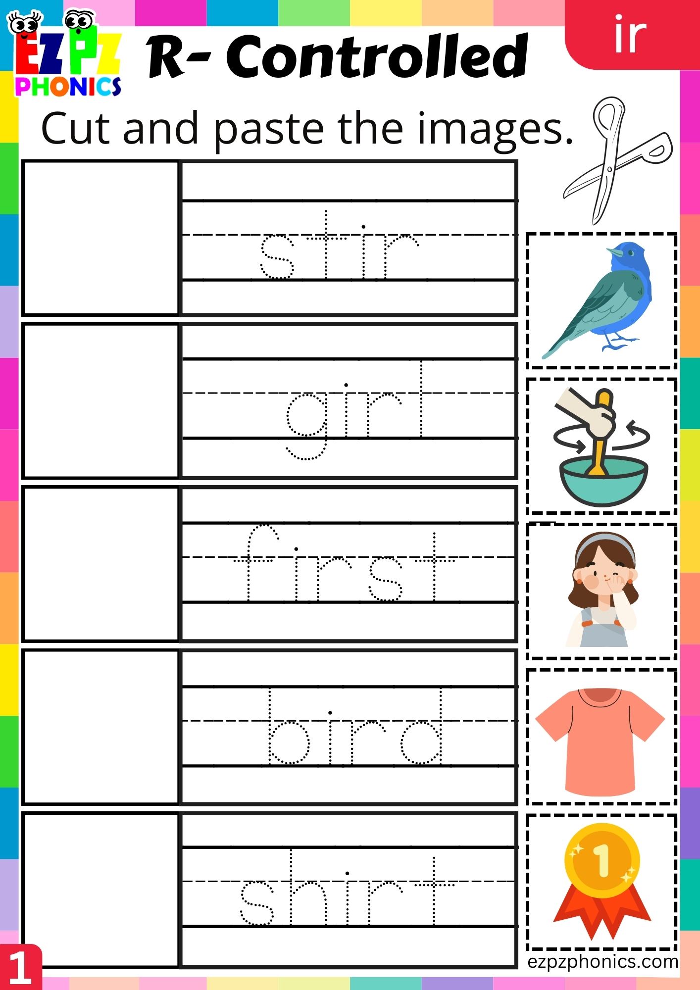Cut and paste activity for ir words R Controlled Vowels Phonics group 1 - ezpzphonics.com